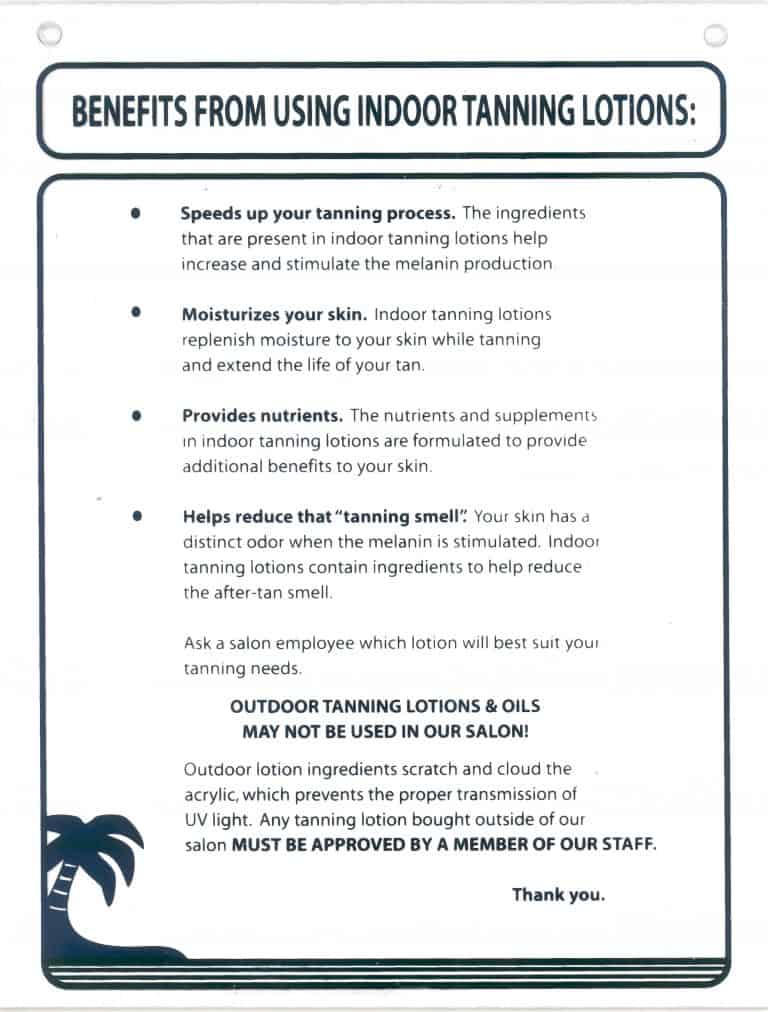 Benefits Of Lotion Acrylic Sign - Tanning Supplies Unlimited